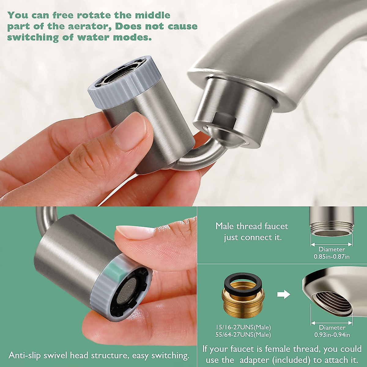 720° Faucet Aerator, 3-function Bathroom Faucet Aerator, Swivel Sink Aerator Head, Kitchen Sink Faucet Head,Faucet Sprayer Attachment 55/64-27UNS Female Thread, Faucet Nozzle Brushed Nickel