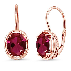 Gem Stone King 18K Rose Gold Plated Silver Red Created Ruby Dangle Earrings For Women (4.00 Cttw, Oval 9X7MM)
