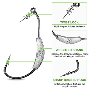 Twistlock Weighted Hooks, 25pcs Fishing Swimbait Hooks for Soft Plastics Weedless Weighted Worm Hooks with Centering Pin Saltwater Freshwater Bass Fishing Hooks