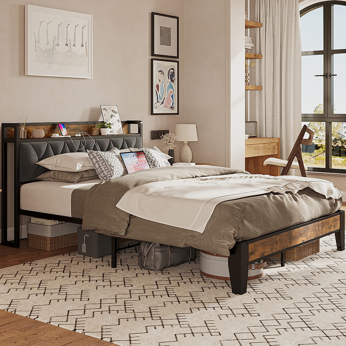 ANCTOR Full Size Bed Frame, Storage Headboard with Outlets, Easy to Install, Sturdy and Stable, No Noise, No Box Springs Needed - Perfect for a Good Night's Sleep