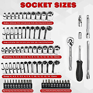 YIYITOOLS 74 Pcs 1/4" Drive Socket Set,1/4-Inch Drive Master Socket Set with Ratchets,Extensions with 1/4" Drive Bits Set,Universal Joint (5/32-Inch- 9/16-Inch, 4mm-14mm)