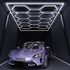 Hexagon Garage Lights, Honeycomb Hexagon Led Garage Light 14 Grid, High Brightness 672W 86400 Lumens Hexagon Light for Garage, Warehouse, Auto Beauty Shop, Work Shop