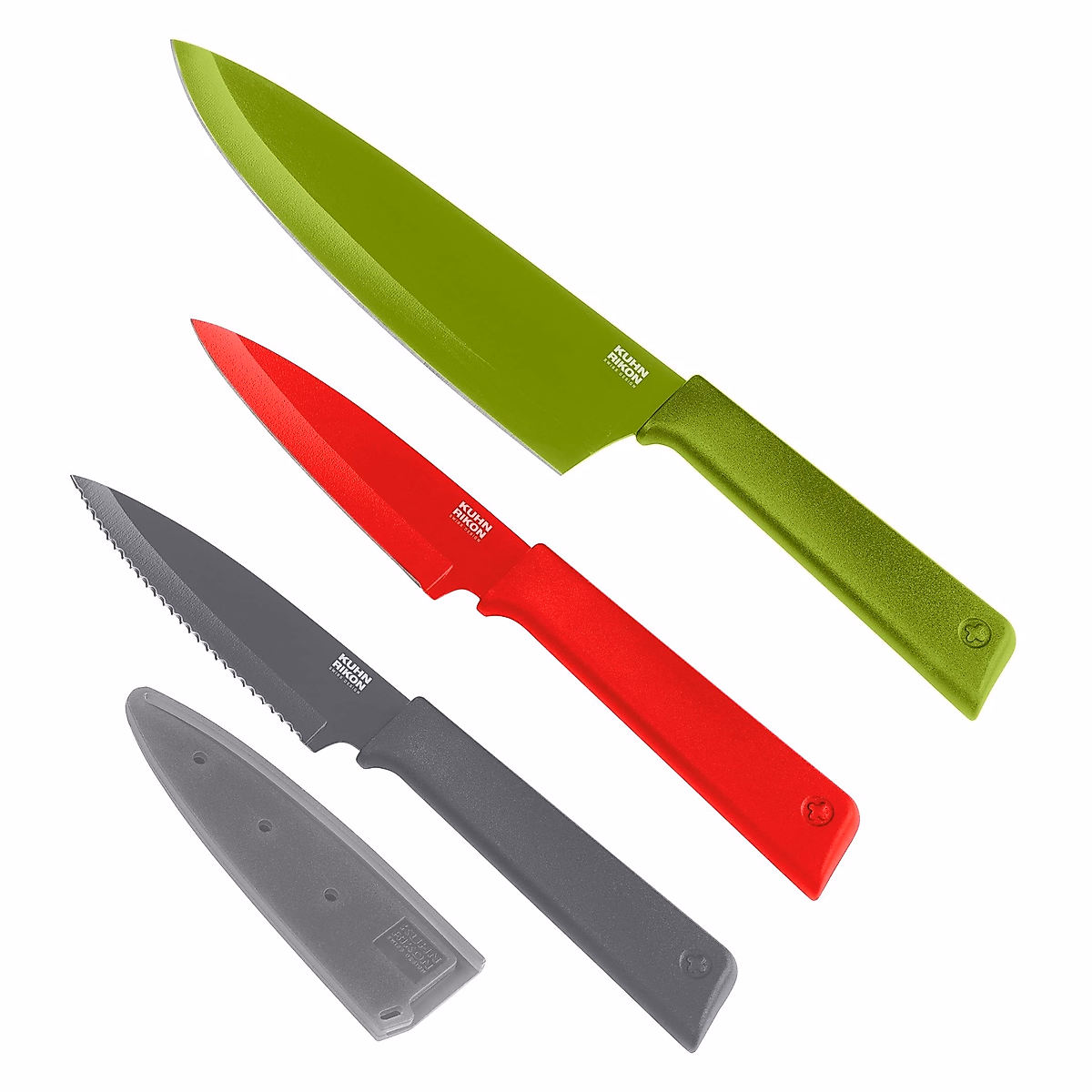 Kuhn Rikon COLORI+ Mixed Knife Set with Non-Stick Coating and Safety Sheaths, Set of 3, Green, Red and Dark Grey