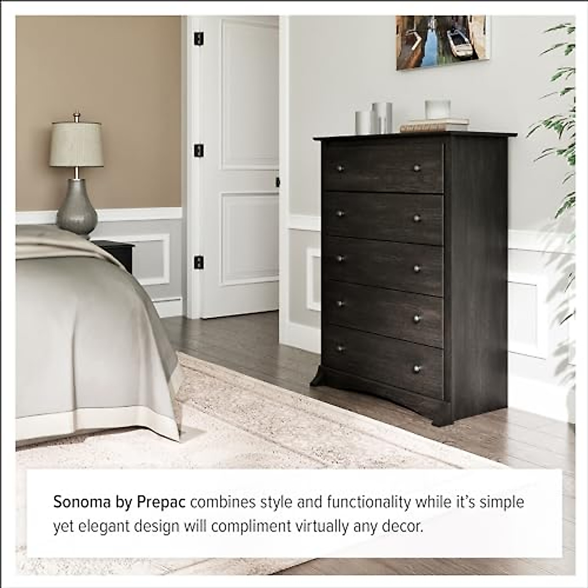 Prepac Sonoma Traditional 5-Drawer Tall Dresser for Bedroom, Functional Bedroom Dresser Chest of Drawers 17.75" D x 31.5" W x 44.75" H, Washed Black