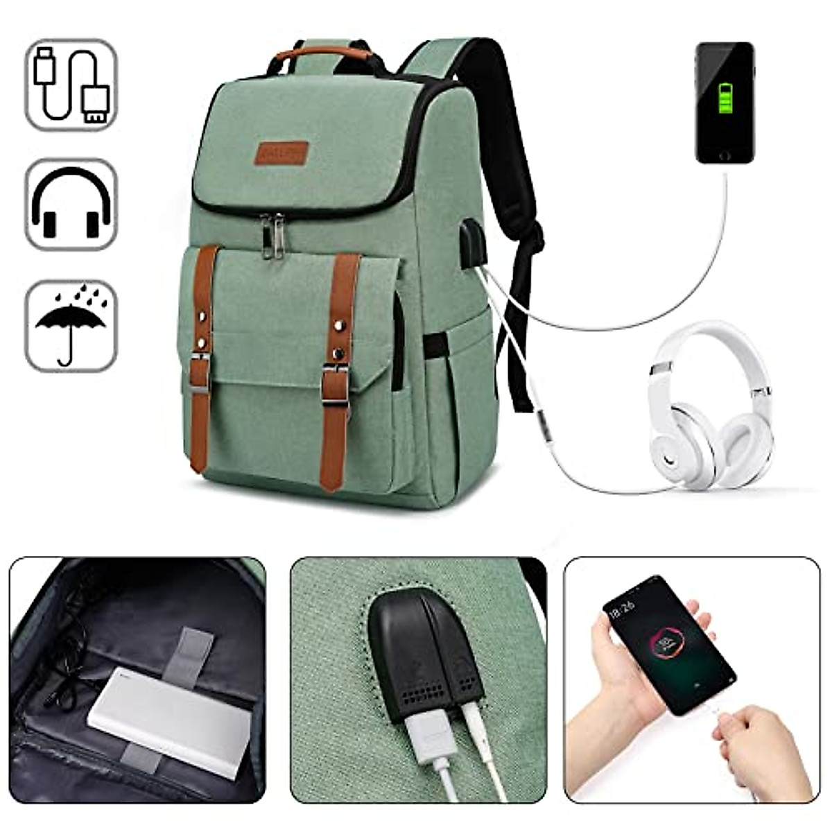 zalupri Work Laptop Backpack for Women and Men, 15.6 inch Computer Travel Backpacks for Working Stylish Teacher Backpack Casual Daypack laptop Bag with USB Charging Port, Green