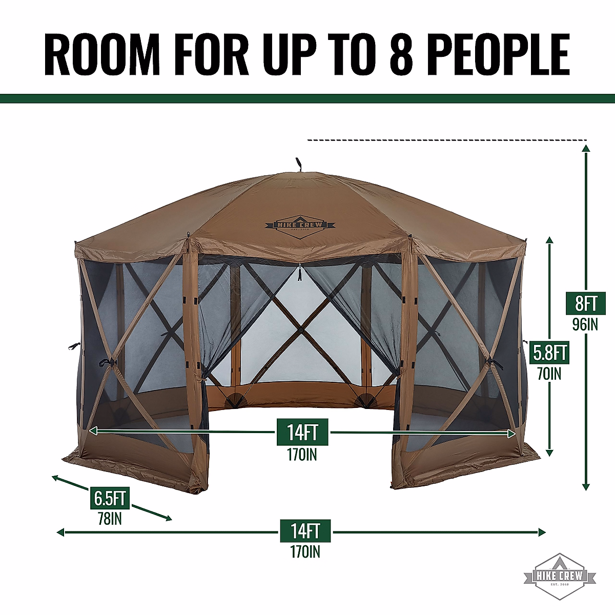 Hike Crew Extra Large 14.5’ x 14.5’ Pop-Up Gazebo Screen Tent | Screened 8-Sided Instant Outdoor Canopy Shelter w/Stakes, Ropes & Carry Bag for Camping, Sports, Picnic Table | UV Resistant SPF 50+