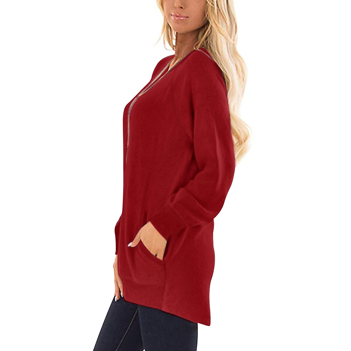 AUSELILY Womens Long Sleeve Tunic Tops Casual Loose Fit Sweatshirts Round Neck Pullover Blouse Sweatshirts with Pocket Ruby XL