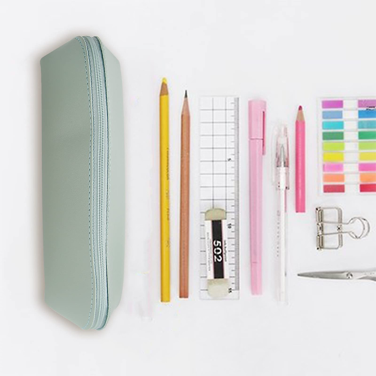 Pencil Case Stationery Pouch Zipper Bag Case Leather Small Pen Pouch for Pencils Pens Markers Cosmetic Makeups Change Coin (Light Blue)