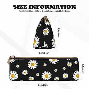 Ykklima White Yellow Daisy Flower Black Leather Pencil Case Zipper Pen Makeup Cosmetic Holder Pouch Stationery Bag for School, Work, Office