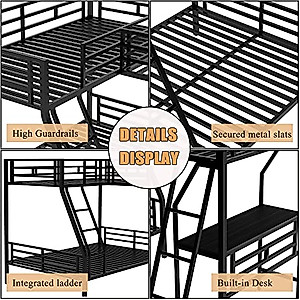 MERITLINE Metal L-Shaped Bunk Bed, Twin Over Full Bunk Bed with a Twin Loft Bed Attached,Triple Bunk Bed with Desk,3 Bed Bunk Beds with Guardrails and Ladder for Kids Teens Adults, Black