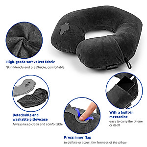 Rewondah Inflatable Travel Pillow, Inflatable Neck Pillow for Traveling Airplane, Travel Pillow Inflatable with Soft Velour Washable Cover, U Shape Blow Up Neck Pillow for Airplanes Train Car Travel