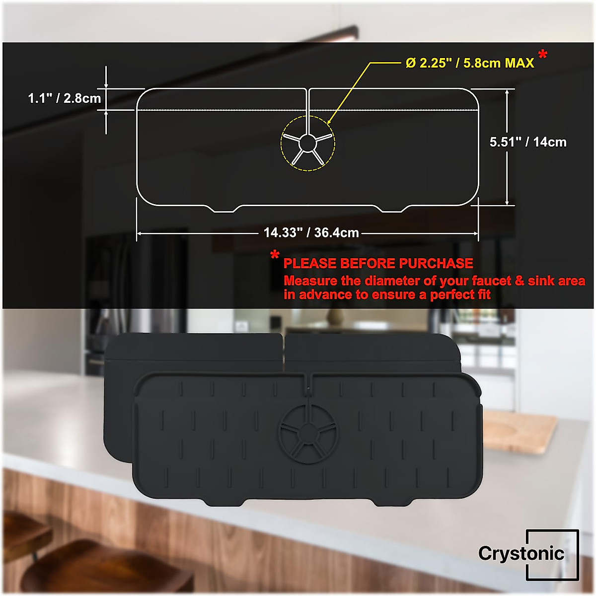 Crystonic Faucet Sink Splash Guard Drain Mat, Dish Soap Sponge Dispenser Brush Holder, Kitchen Bathroom Gadgets & Accessories, Soft & Non-Slip Premium Silicone－Black (14.33" x 5.51")