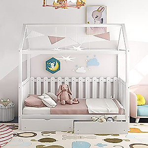 Lifeand Twin Size House Bed with 2 Drawers, Fence-Shaped Guardrail and Sky Roof, Solid Wood Bedframe for Gilrs Boys,White