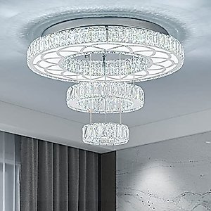 Zswanbei 21" Crystal Ceiling Lamp 3 Ring Large Modern LED Chandelier Acrylic Adjustable Pendant Light Fixtures for Dining Room Living Room Girls Bedroom (Cool White)