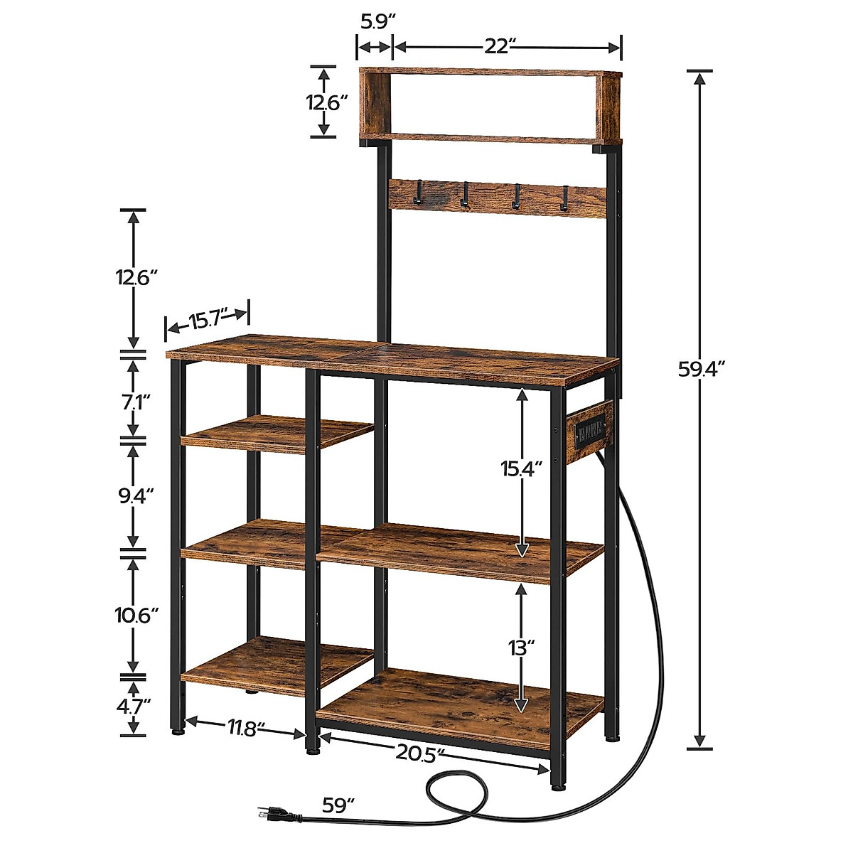 HOOBRO Bakers Rack with Power Outlet, 35.4 Inches Microwave Stand with 4 Hooks, 6 Tiers Kitchen Storage Shelf Rack, Coffee Bar Table, Rustic Brown and Black BF10UHB01