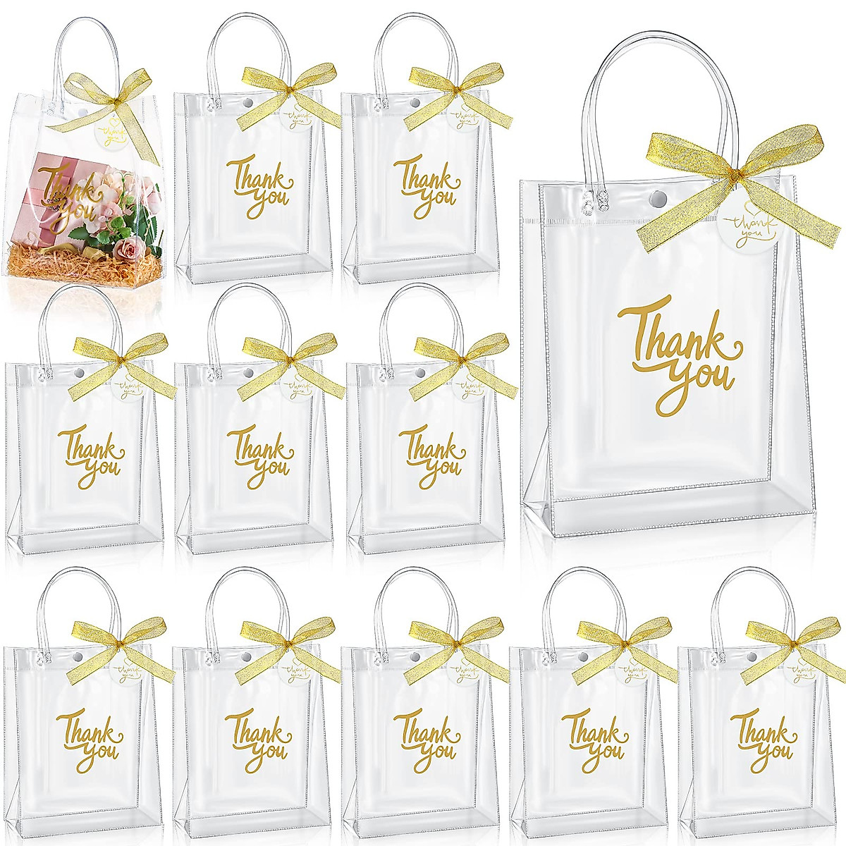 24 Pack Thank You Gift Bags Clear PVC Plastic Gift Bag with Handle Transparent Gift Tote Bag Wedding Gift Bag Ribbon for Baby Shower Party Birthday Favor 8 x 4 x 10 Inch (Cute Style)