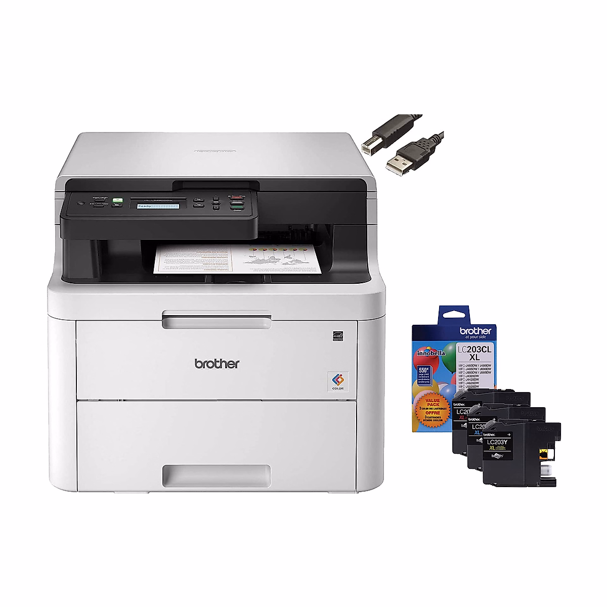 Brother HL-L3290CDW Wireless Compact Digital Color Laser All-in-One Printer, Duplex Printing, Print Scan Copy - 600 x 2400 dpi, 25ppm, 250-sheet, Works with Alexa - Bundle with JAWFOAL Printer Cable.