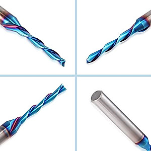 HQMaster Spiral Router Bits Down Cut 1/4 inch Shank Solid Carbide Nano Blue Coated Spiral Downcut CNC Bits End Mill for Wood Cut Carving Engraver (1/8" Cutting Diameter)
