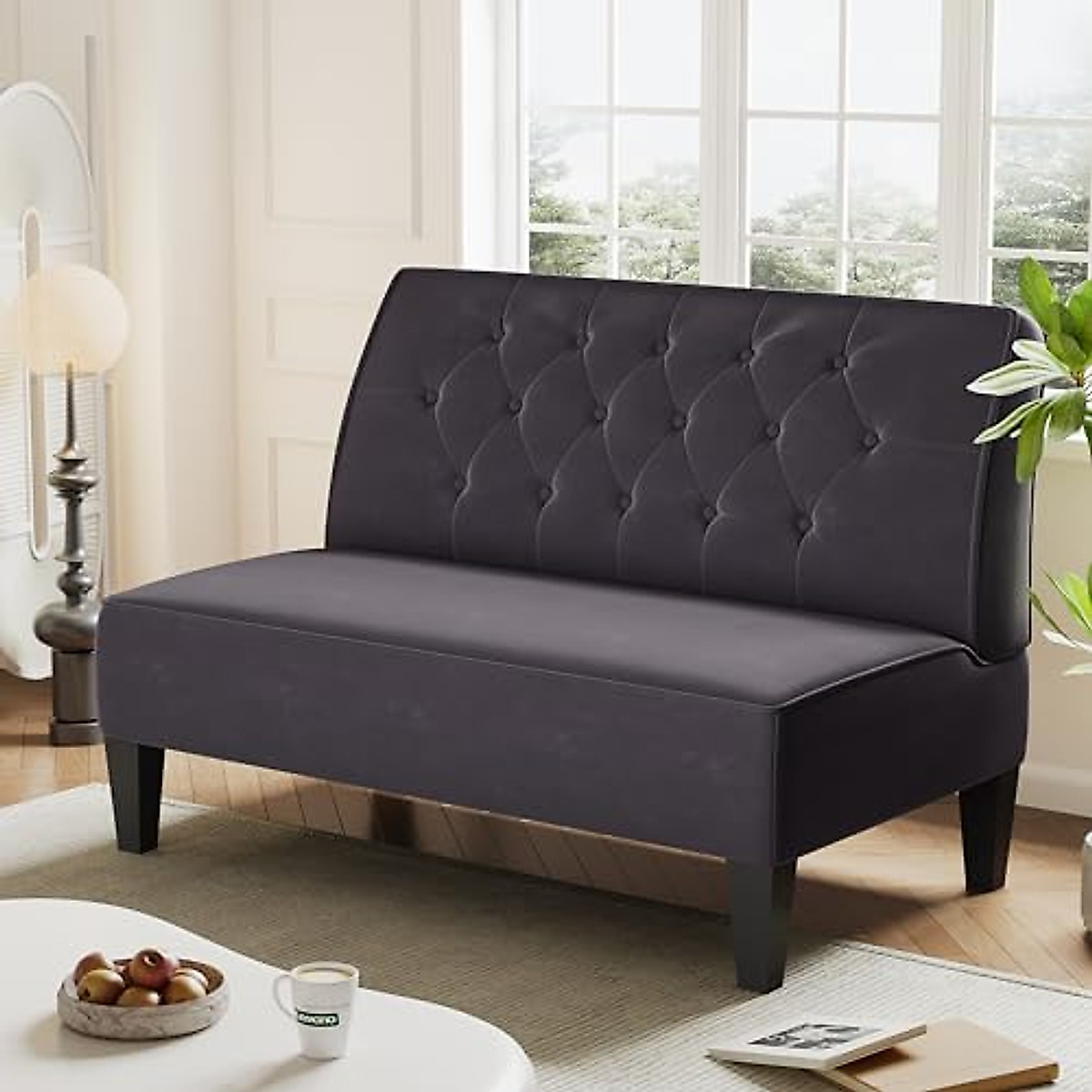 annjoe Button Tufted Loveseat Settee Upholstered Sofa Backrest Buckle Couch Banquette Bench for Dining Room Living Room Bedroom Funiture(Gray 1)