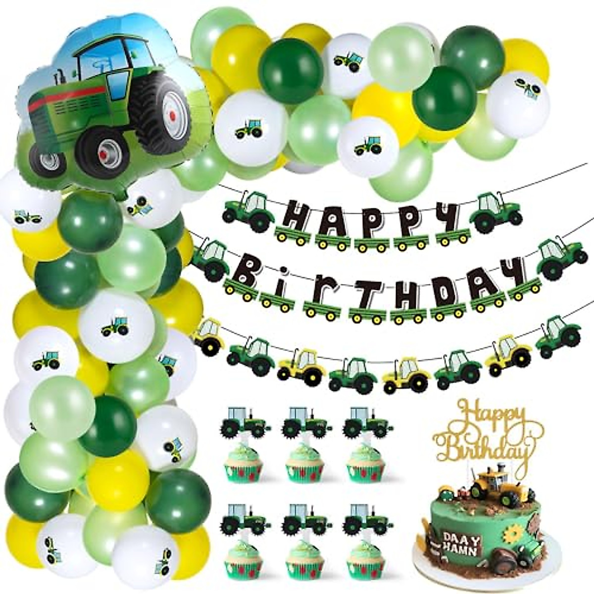 Paper Jazz Tractor Birthday Party Supplies Green Yellow Balloon Happy Birthday Decorations for Boys Farm Themed Party Supplies