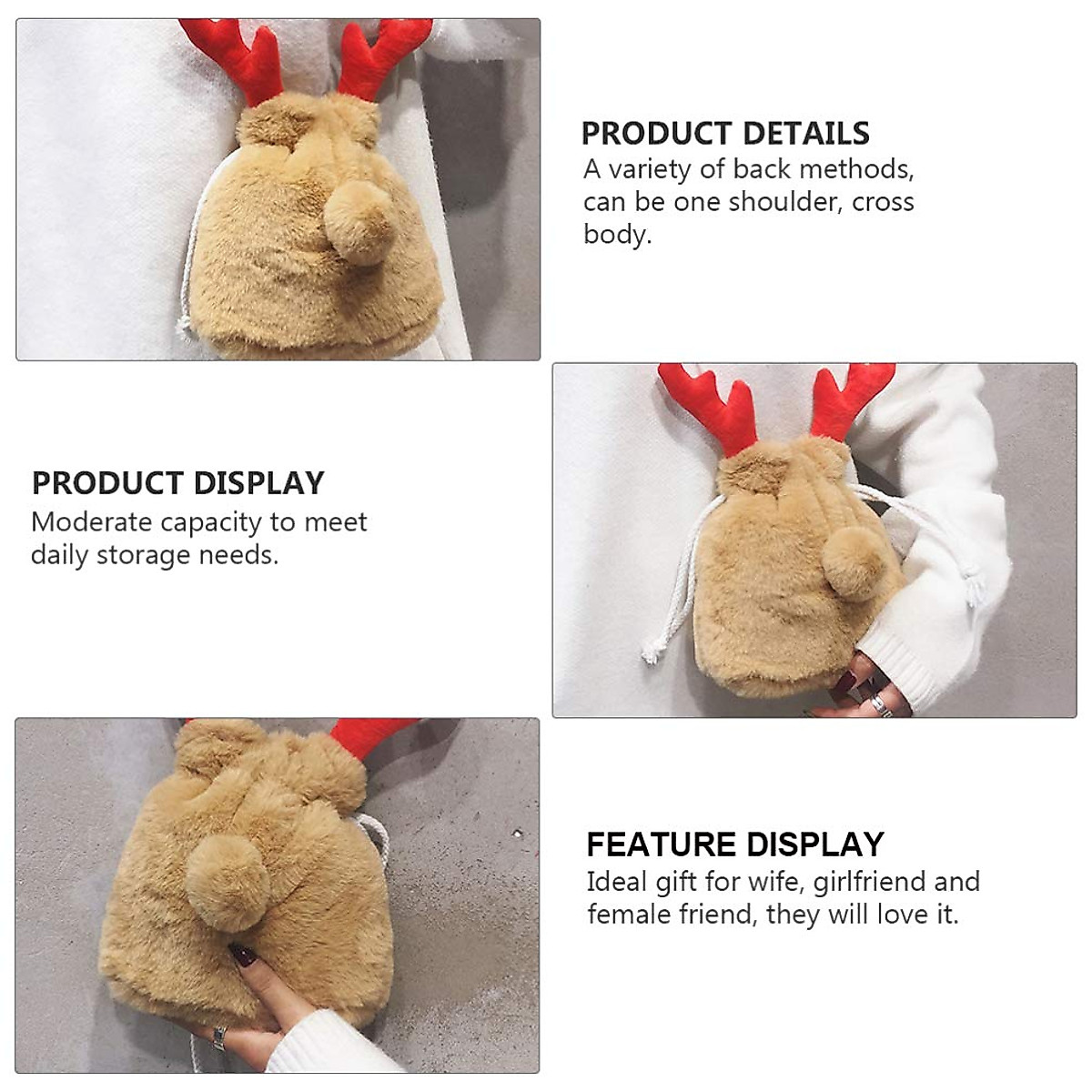 TENDYCOCO Crossbody Bag Faux Fur Purse Reindeer Antler Shoulder Bag Drawstring Bucket Purse for Women Girls
