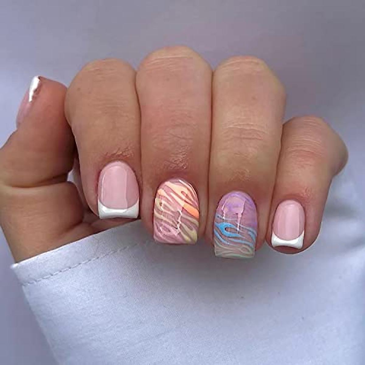Square Press on Nails Short French Fake Nails Acrylic Glossy False Nails with Colored lines Designs Full Cover Glue on Nails Stick on Nails French Tip Reuseable Nails for Women