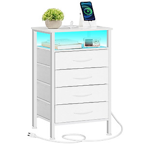 HOOBRO Nightstand with Charging Station and LED Light, End Table with 4 Fabric Drawers, Bedside Table with Outlet and USB Ports, Tall Night Stand for Bedroom, White WT404UDBZ01