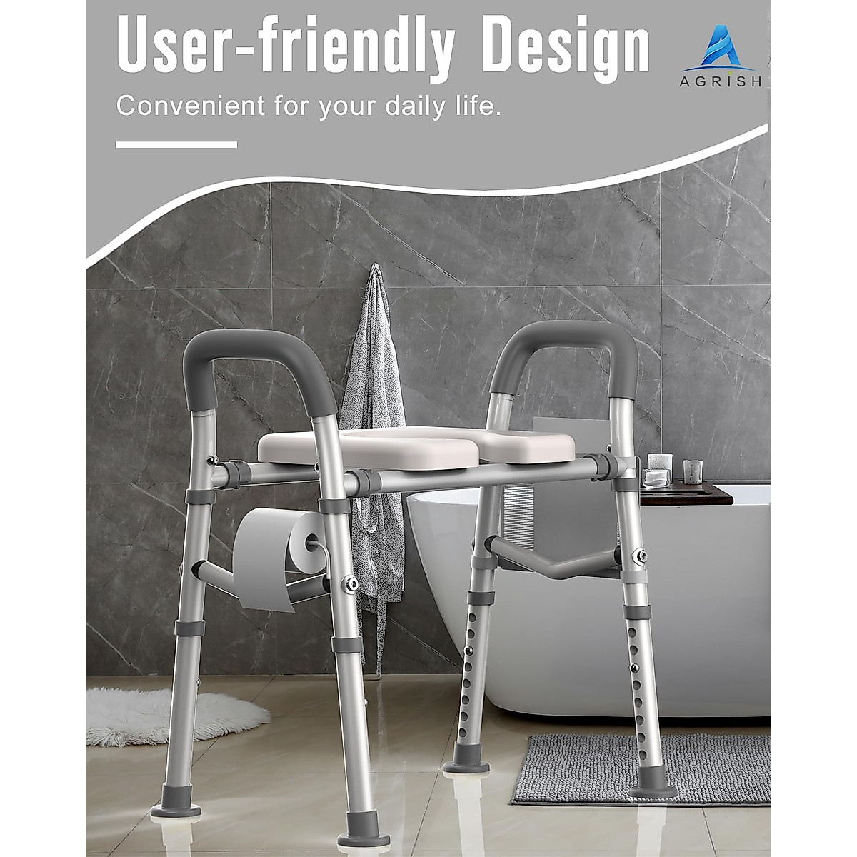 Agrish 3-in-1 Raised Toilet Seat - [Adjustable Width/Height] with Handles, Heavy Duty 400lbs Medical Safety Handrails w/Padded Cushion Seat - Toilet Seat Raisers for Seniors, Handicap, Pregnant