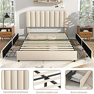 VECELO Queen Size Bed Frame with Ajustable Headboard and 4 Storage Drawers, Velvet Heavy Duty Platform Beds with Strong Wood Slats Support, No Box Spring Needed, Beige