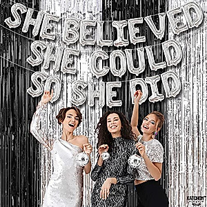 XtraLarge, She Believed She Could So She Did Banner - 16 Inch, Silver Graduation Banner | Graduation Party Decorations 2023 | Metallic Silver Congrats Grad Banner for Graduation Party Supplies 2023