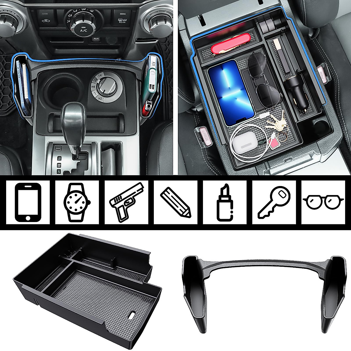 DIAMOOKY Upgraded 2PCS Center Console Organizer Compatible with Toyota 4Runner 2024 2023 2022 2021 2020 2019-2010 Gear Shift Organizer Tray Armrest Storage Box 5th Gen 4 Runner Interior Accessories