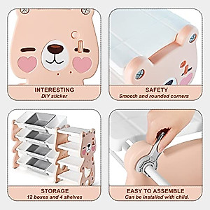 JOYLDIAS Kids Toy Storage Organizer with 4-Tier Shelf and 12 Removable Bins for Boys Girls Children's Room, Nursery, 47.2''x13.8''x33'', Pink