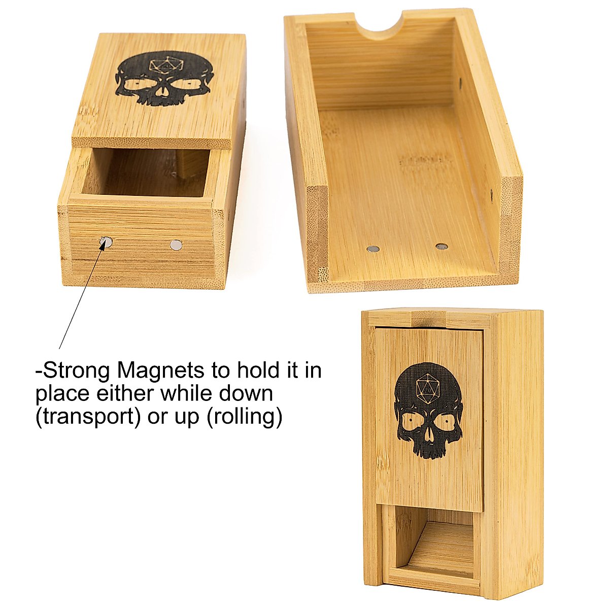 Cusdie Bamboo Dice Tower Foldable Wooden Die Roller Castle Rolling Case for Dungeons and Dragons, Board Game, D&D, RPG(Skull)