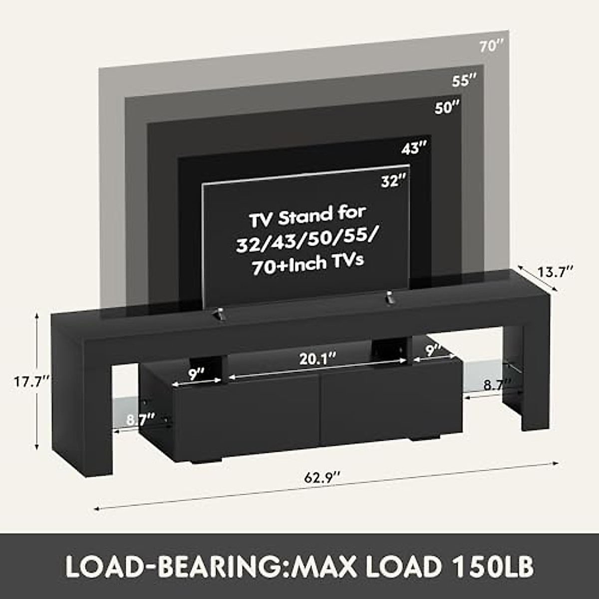 YESHOMY Modern LED TV Stand for Televisions up to 70 Inch with Glass Shelves and Drawer, Gaming Entertainment Center with Multiple Dynamic RGB Modes, for Livingroom, Bedroom, 60 Inch, Black