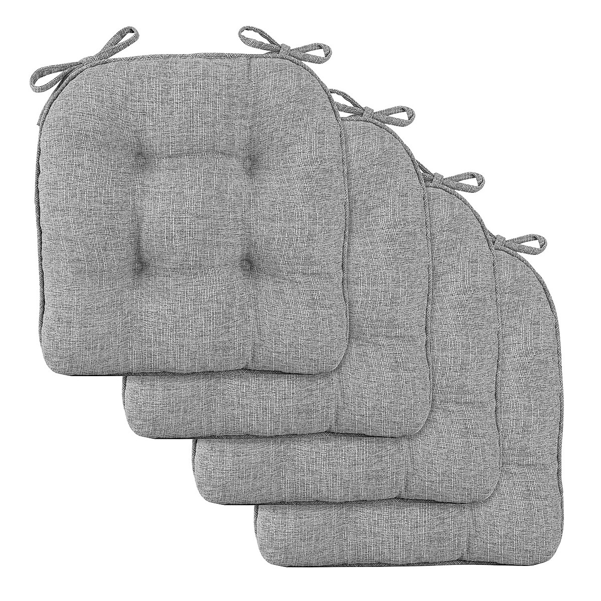 downluxe Indoor Chair Cushions for Dining Chairs, Tufted Overstuffed Textured Memory Foam Kitchen Chair Pads with Ties and Non-Slip Backing, 15.5" x 15.5" x 4", Light Grey, 4 Pack