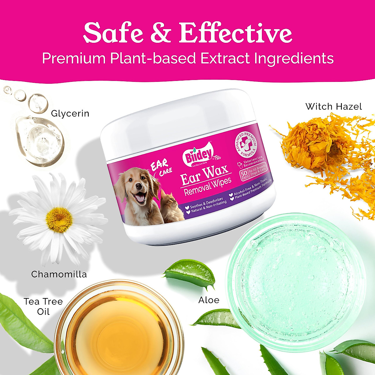 Biidey Dog Ear Wipes, Ear Cleaner for Dogs and Cats, Relieve Ear Itching, Inflammation & Infections, Clean Ear Wax, Debris, Soothe & Deodorize, Natural Organic Essential Grooming Supplies, Paw Cleaner