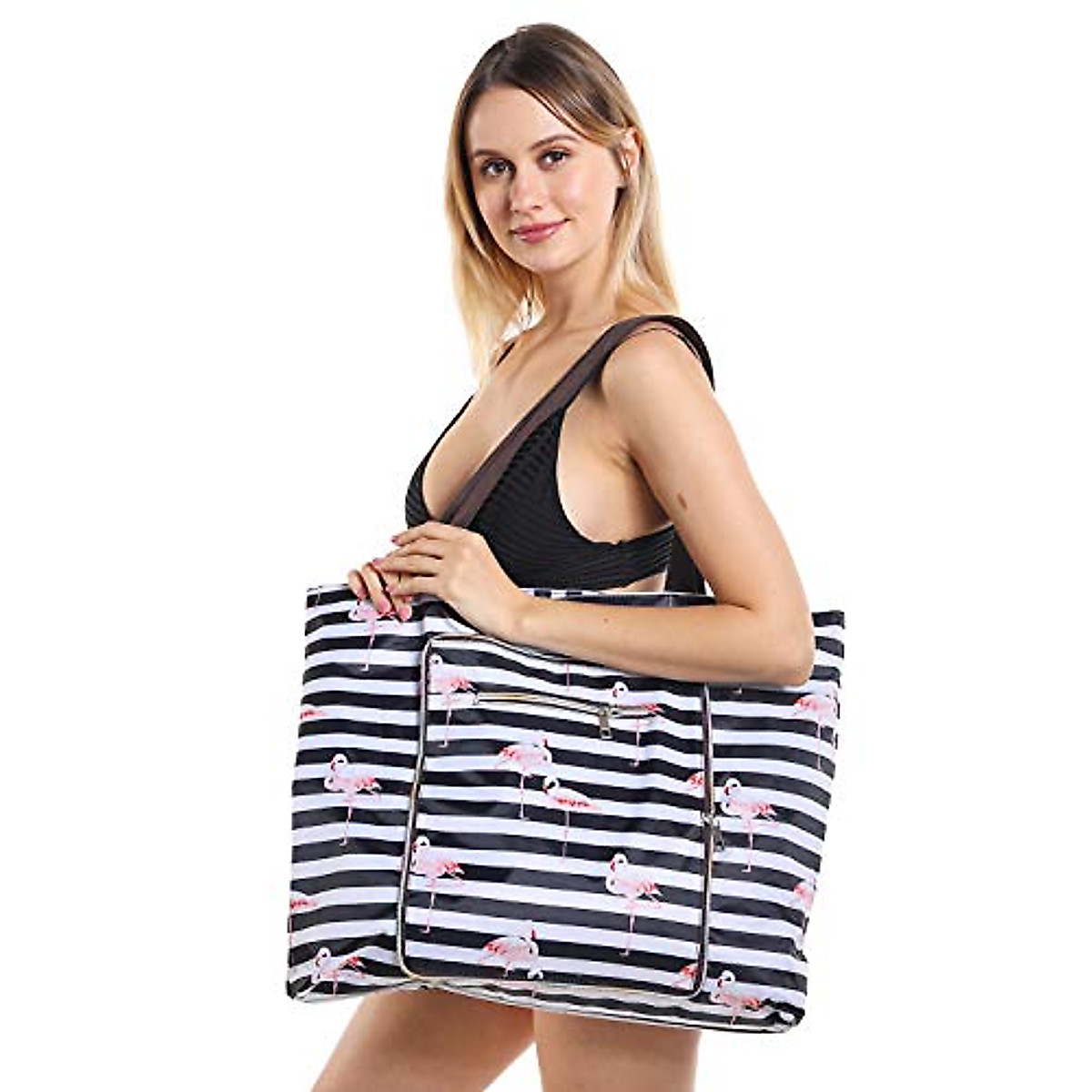 Women Beach Tote Utility Bag with Zipper, Black Stripe Foldable Cute Large Swim pool Waterproof Bag for Travel, Gym, yoga, Mom in Law Female Friend Sister Wife Girlfriend Good Gift