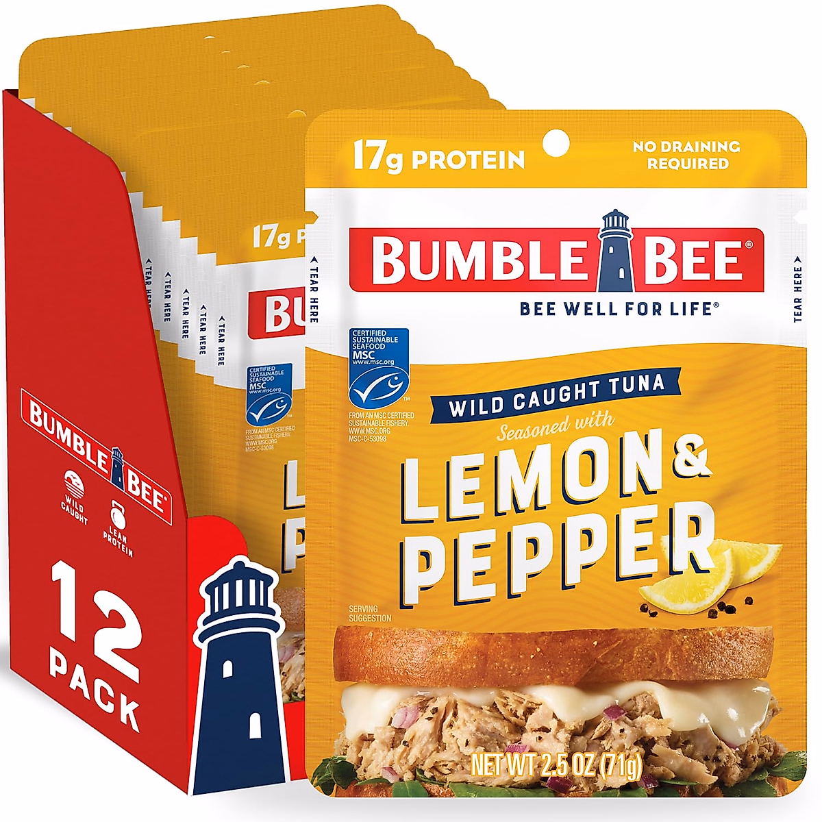Bumble Bee Lemon & Pepper Seasoned Tuna, 2.5 oz Pouches (Pack of 12) - Ready to Eat - Wild Caught Tuna Packet - 17g Protein per Serving - Gluten Free