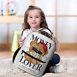 Niapessel Kids Backpack for School, Money Lover Slogan with Bear Pattern Students Bookbags School Bags Girls Boys