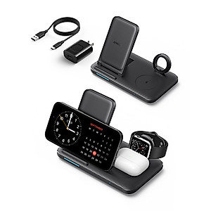 Anker Wireless Charger Stand, Foldable 3-in-1 Stand with Adapter, for iPhone 13, AirPods, Apple Watch (Works with Original USB-A Cable, Not Included)