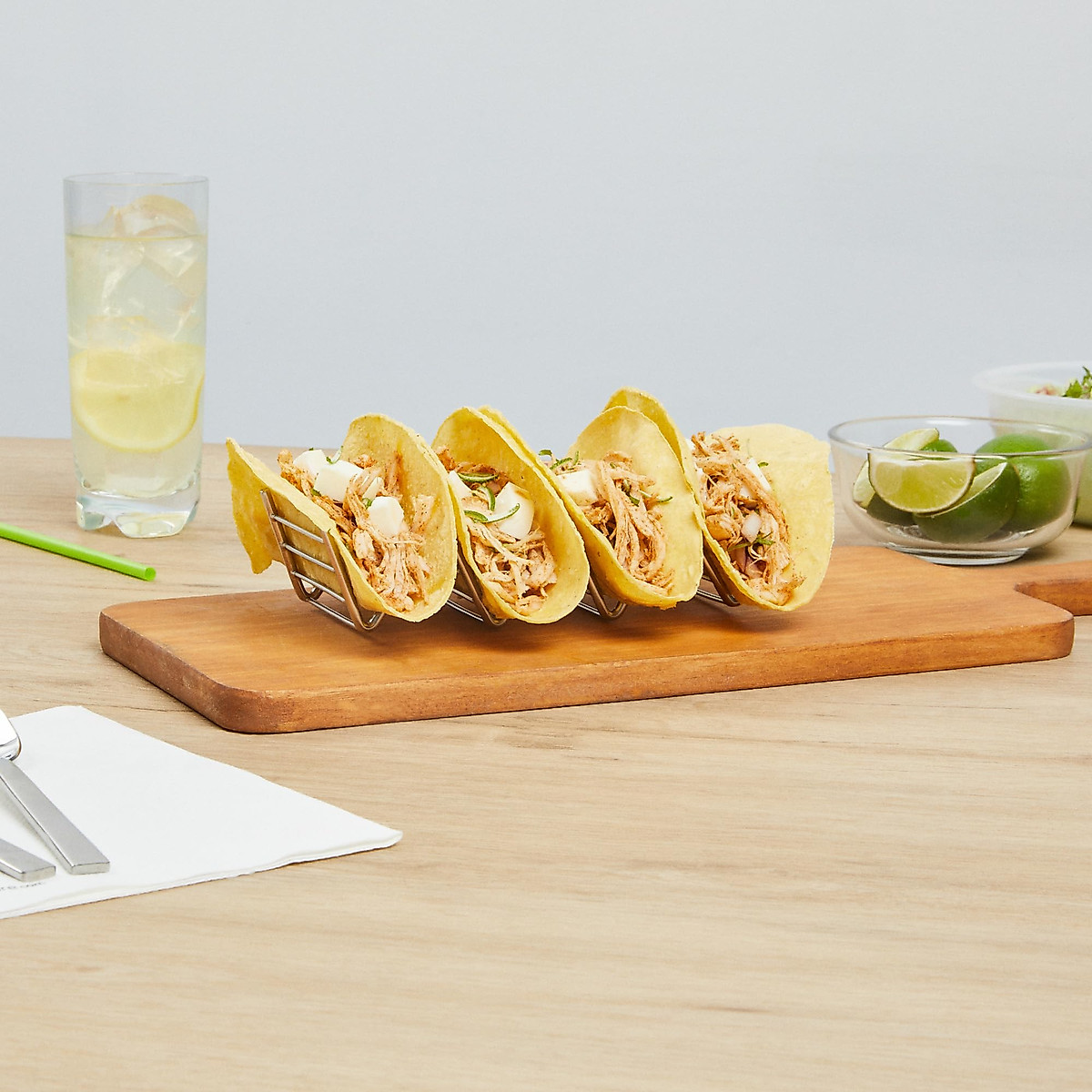 Restaurantware 7.1 Inch x 2.5 Inch Taco Stand 1 Rectangle Taco Rank - Fits 4 Tacos Reversible Silver Stainless Steel Taco Holder Dishwasher Safe For Hard Or Soft Shells