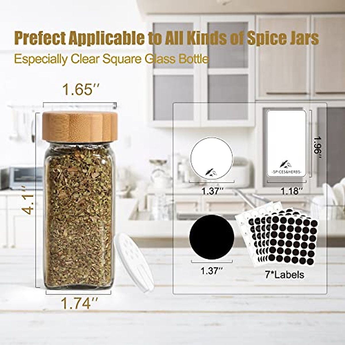 CycleMore 24 Pcs Spice Jars with Bamboo Lids 4 oz Glass Spice Jars with Labels - Minimalist Blank Spice Labels Stickers, Black Labels Stickers, Collapsible Funnel