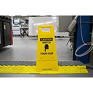 NMC HDFS213 CAUTION-WATCH YOUR STEP Sign with Graphic– 10.75 in. x 24.63 in. Heavy-Duty Plastic, Double-Sided Floor Sign with Black on Yellow