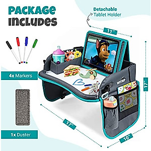 Kids Travel Tray with Dry Erase Board, Car Seat Tray for Food & Play Activity, Carseat Table Trays for Toddler, Kid Activity Desk for Air Travel, No-Drop Tablet Holder & Borders (Grey with Blue Frame)