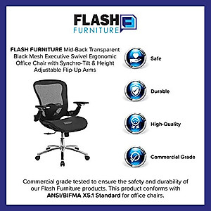 Flash Furniture Sam Mid-Back Transparent Black Mesh Executive Swivel Ergonomic Office Chair with Synchro-Tilt & Height Adjustable Flip-Up Arms