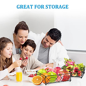 WRYISSE Flower Lattice 2 Tier Countertop Fruit Basket Bowl with 3 Banana Hanger Rectangular Metal Fruit Storage Basket Stand for Vegetable Eggs Snacks (Black, Flower Design)