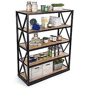 Displays2go 5-Tier Steel Frame Shelving, Solid Wood, Open Back - Natural (XSHF5NAT)