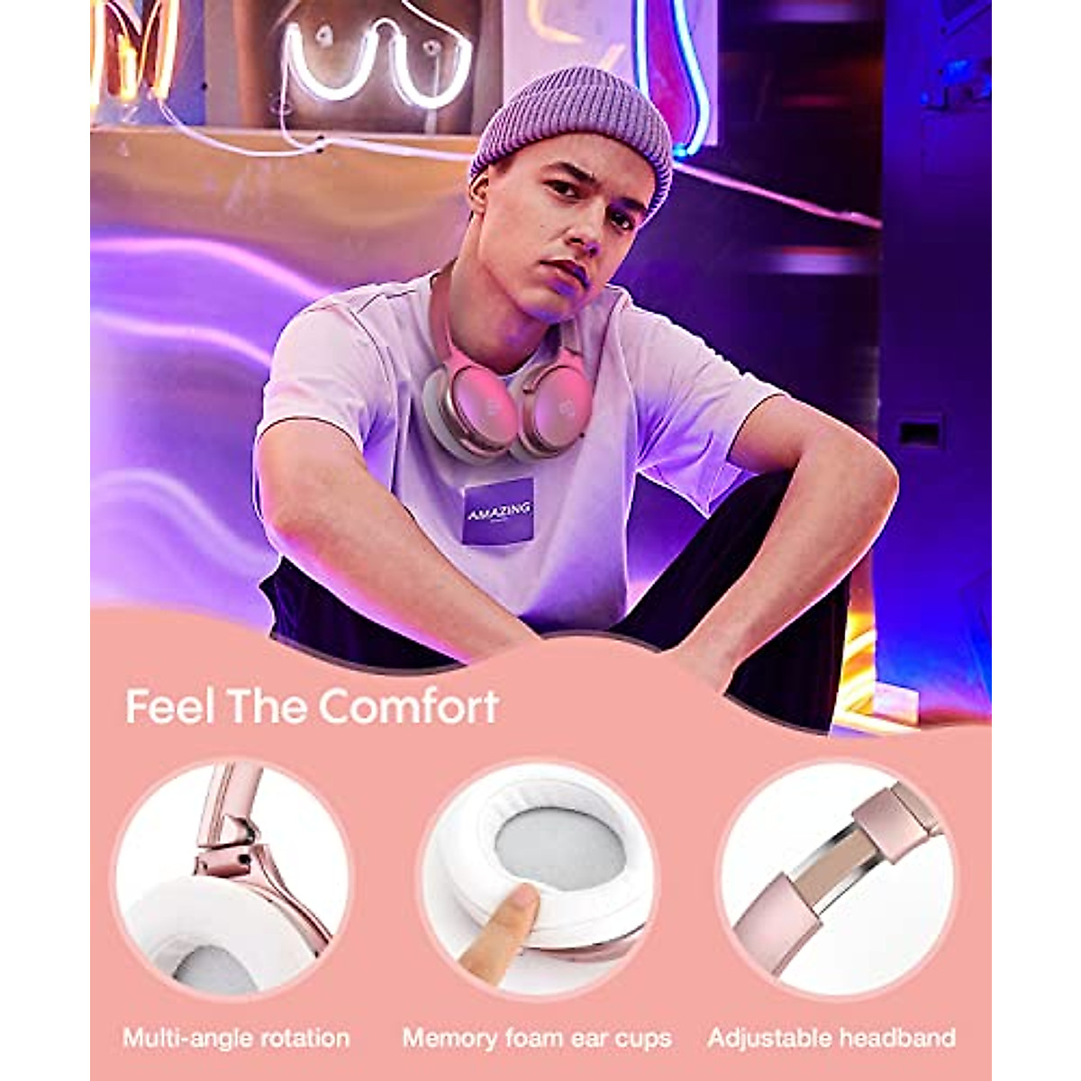 INFURTURE Rose Gold Active Noise Cancelling Headphones with Microphone Wireless Over Ear Bluetooth Headphones, Deep Bass, Memory Foam Ear Cups, Quick Charge 40H Playtime, for TV, Travel, Home Office