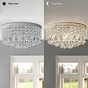 Maxax 4 Lights Crystal Chandelier, Modern Drum Ceiling Light Fixture Lamp, Raindrop Flush Mount Round Metal Shade, for Dining Room, Living Room, Bathroom, Bedroom, Chrome
