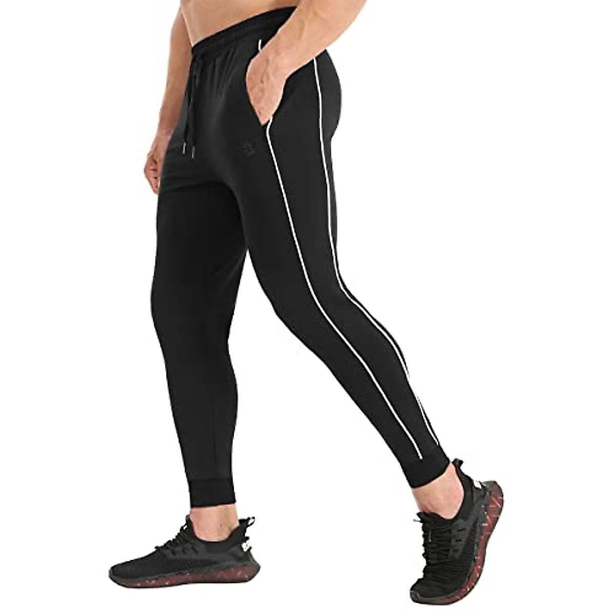 BROKIG Men Double Whitelines Athletic Open Bottom Sweatpants,Casual Workout Lounge Pants with Zipper Pockets,Slim Fit Gym Joggers for Men (X-Large, Black)